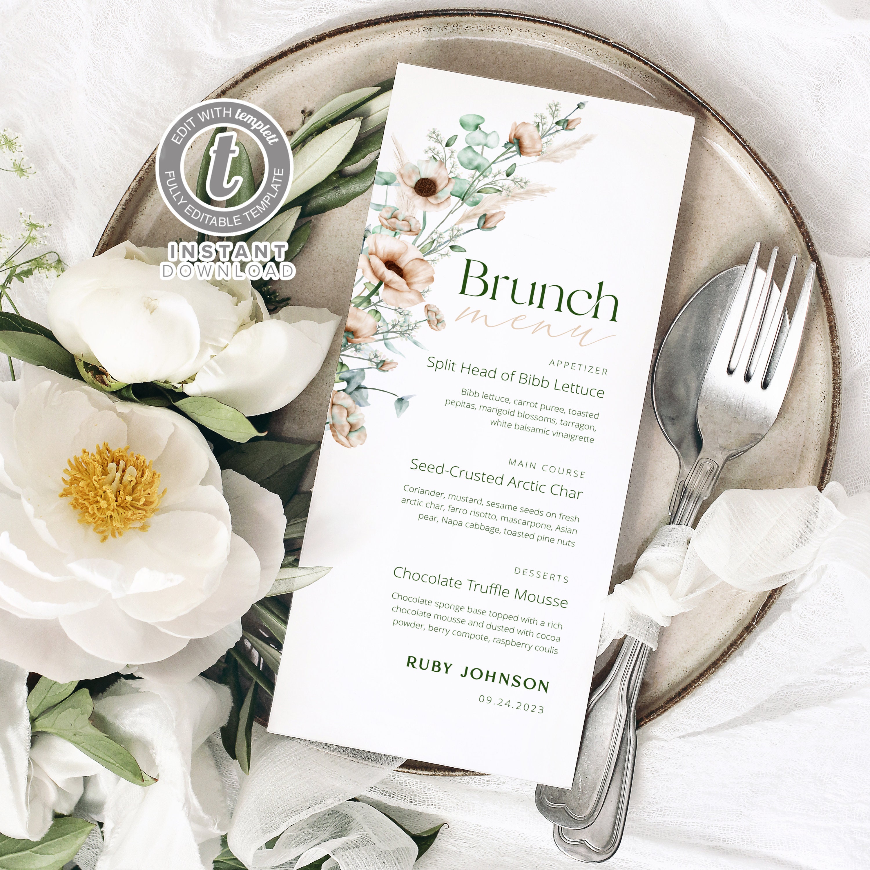 Wildflower Menu Template, Elegant Floral Brunch Menu, Printable ...