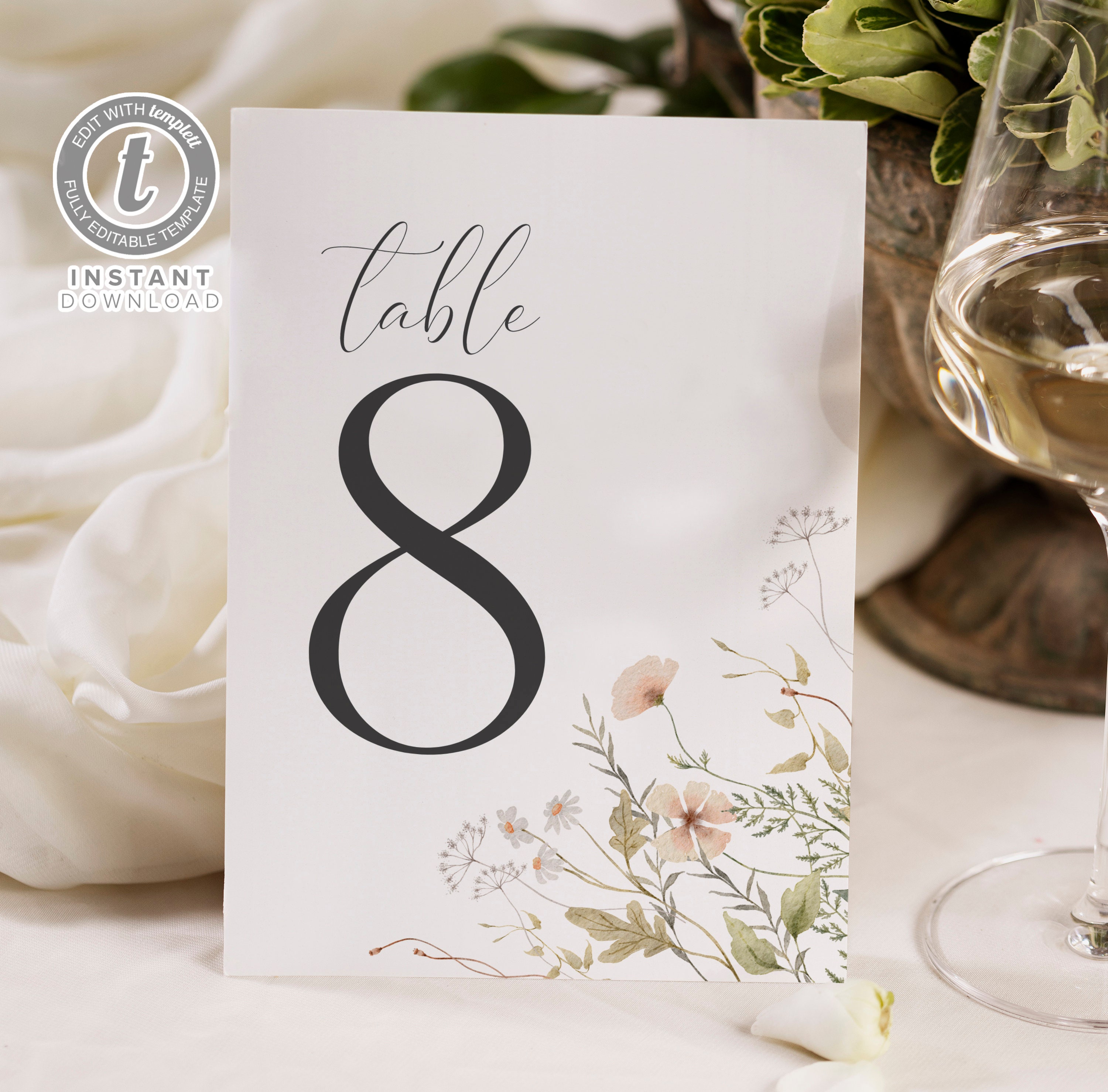 Watercolor Rustic Botanical Floral Table Number Card Template, Editable ...