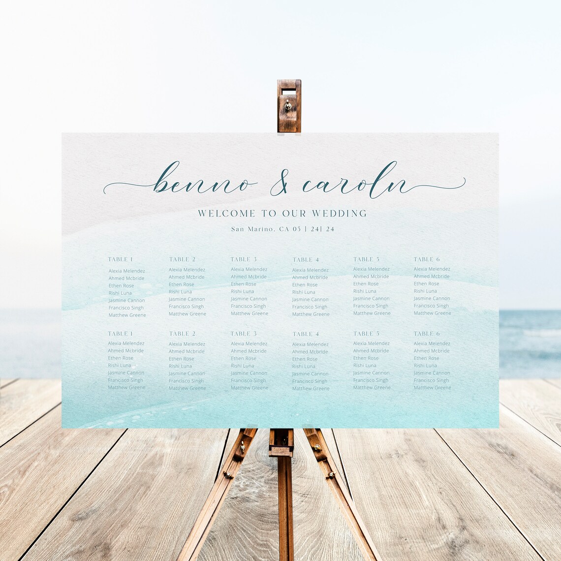 Ocean Beach Sand Wedding Seating Chart Template, Summer Ocean Beach ...