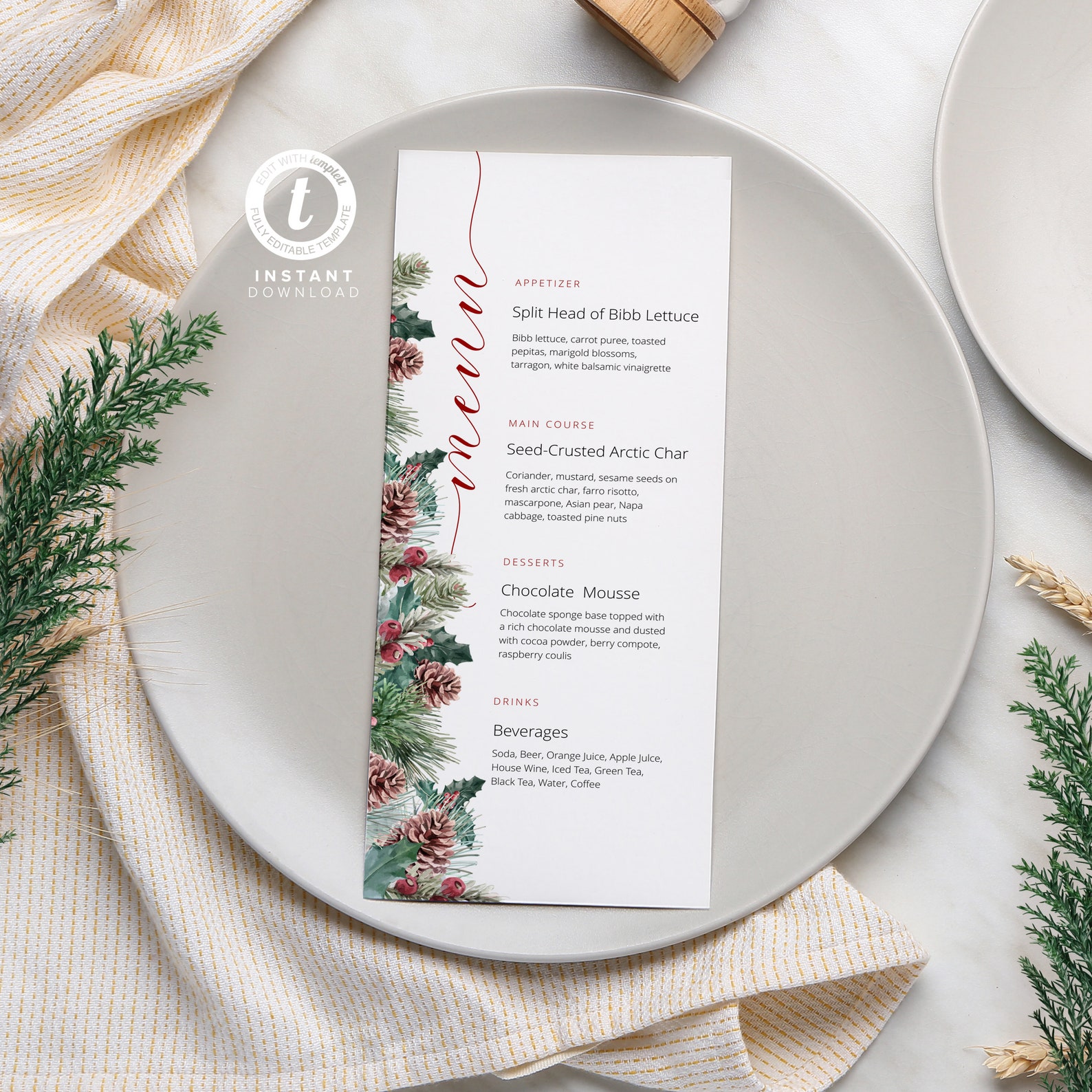 Christmas Menu Template, Winter Wedding Menu, Editable Christmas Menu ...