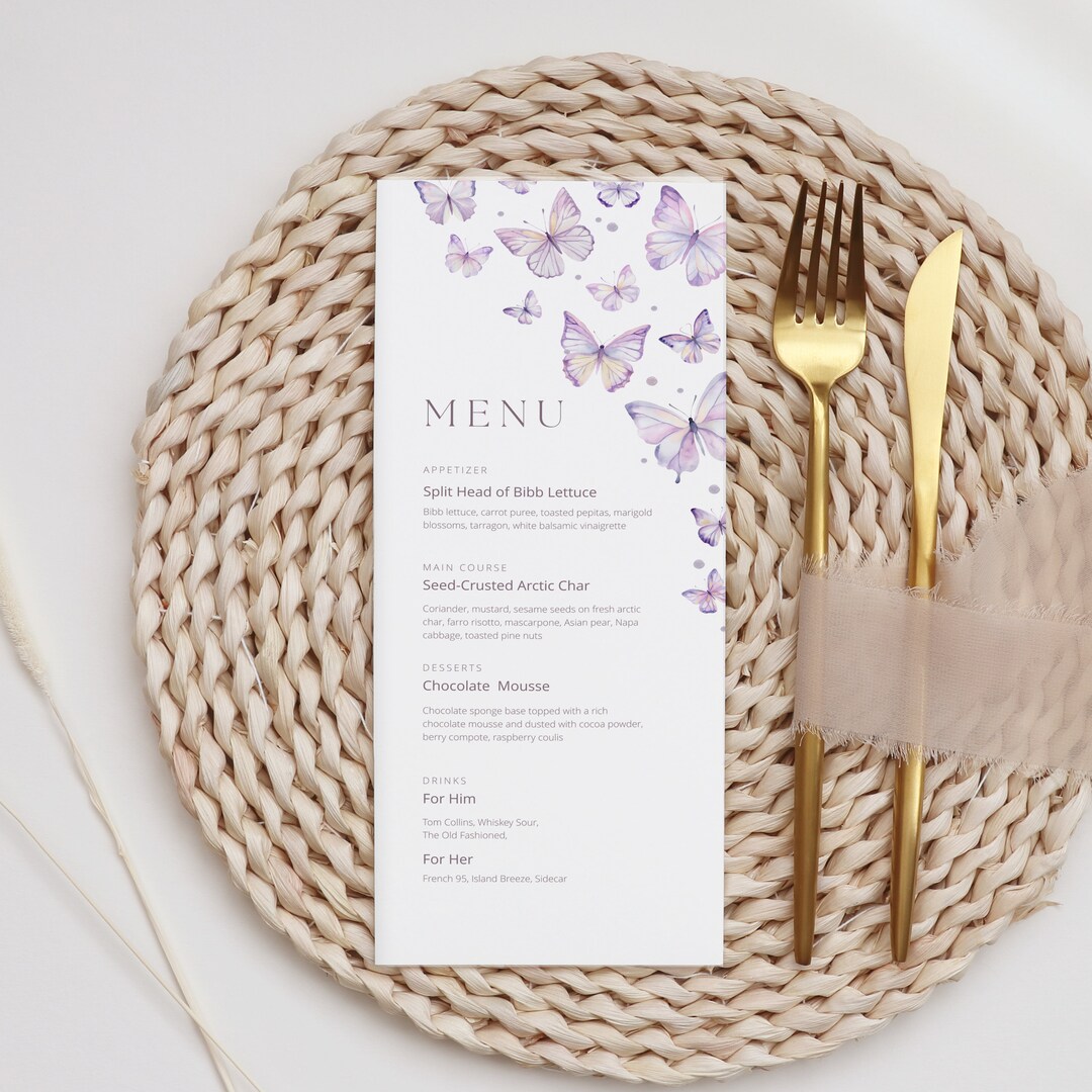 Watercolor Butterflies Menu Template: Elegant Printable Card (WI0067 ...