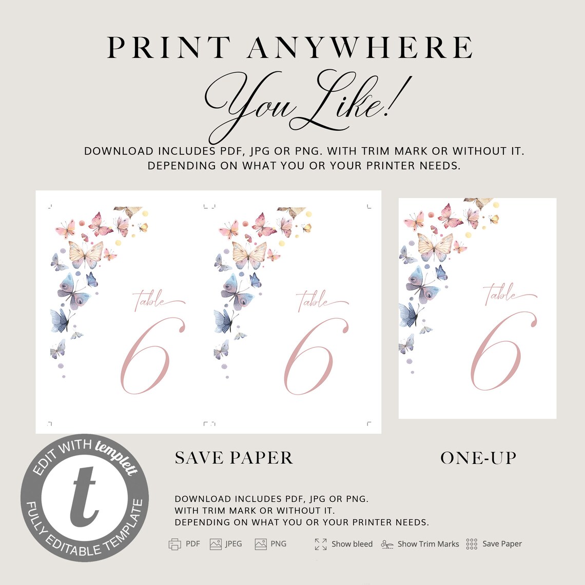 Butterfly Table Number Card Template Printable Table Number - Etsy