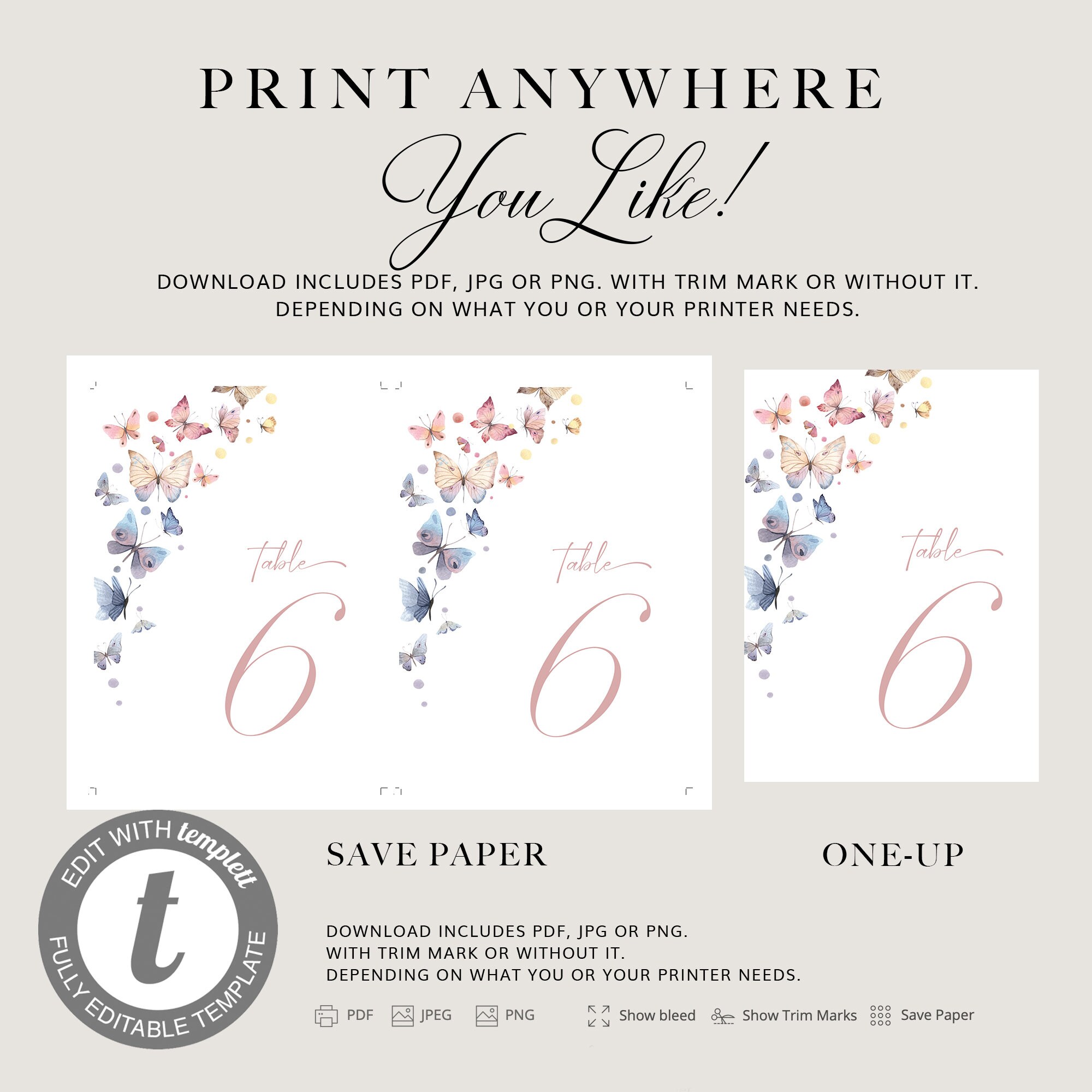 Butterfly Table Number Card Template Printable Table Number - Etsy