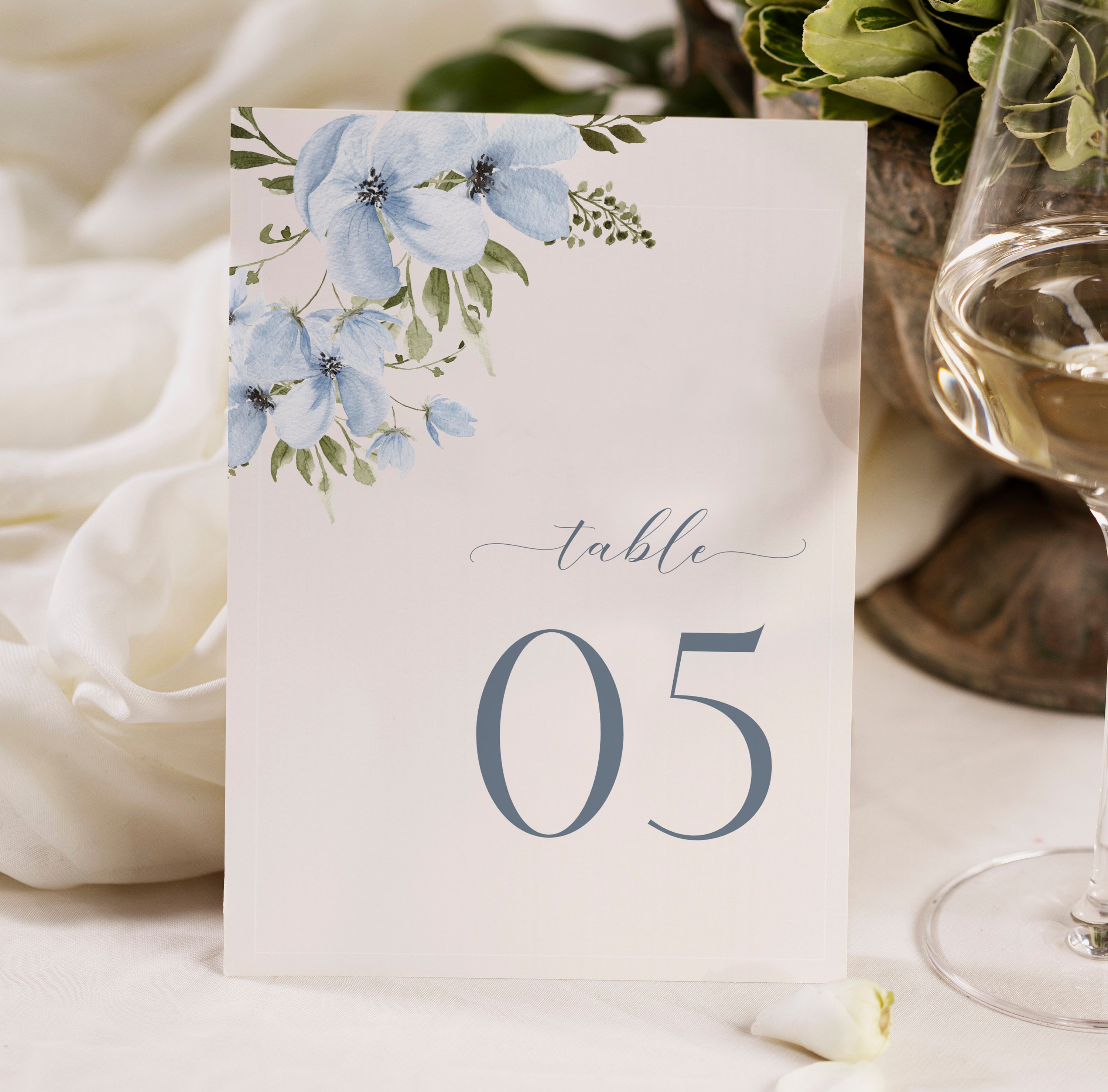 Dusty Blue Floral Table Numbers Templateeditable Winter - Etsy