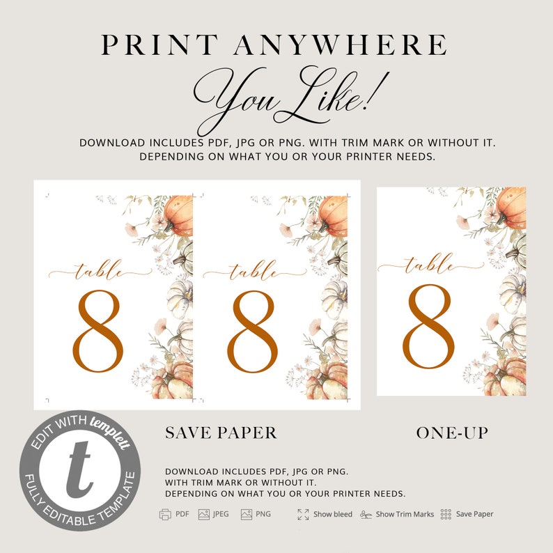 Fall Wildflower Pumpkin Wedding Table Number Template, Editable Number ...