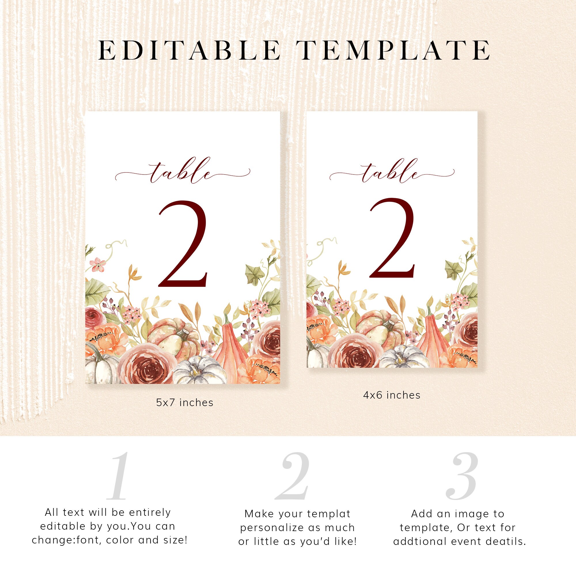 Fall Floral Pumpkin Wedding Table Number Template,editable Wildflower ...