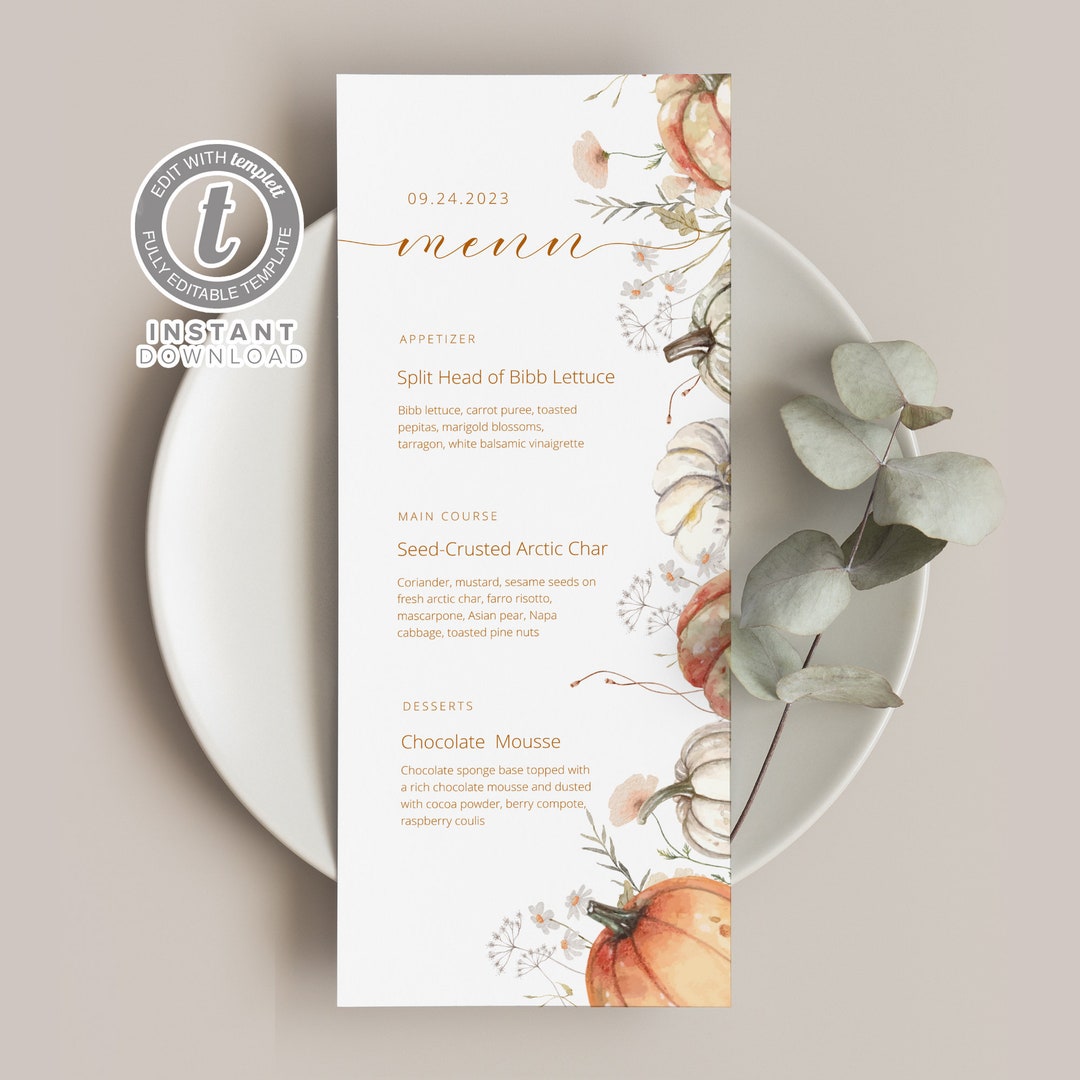 Fall Floral Pumpkin Menu Template , Party Brunch, Dinner, Autumn ...