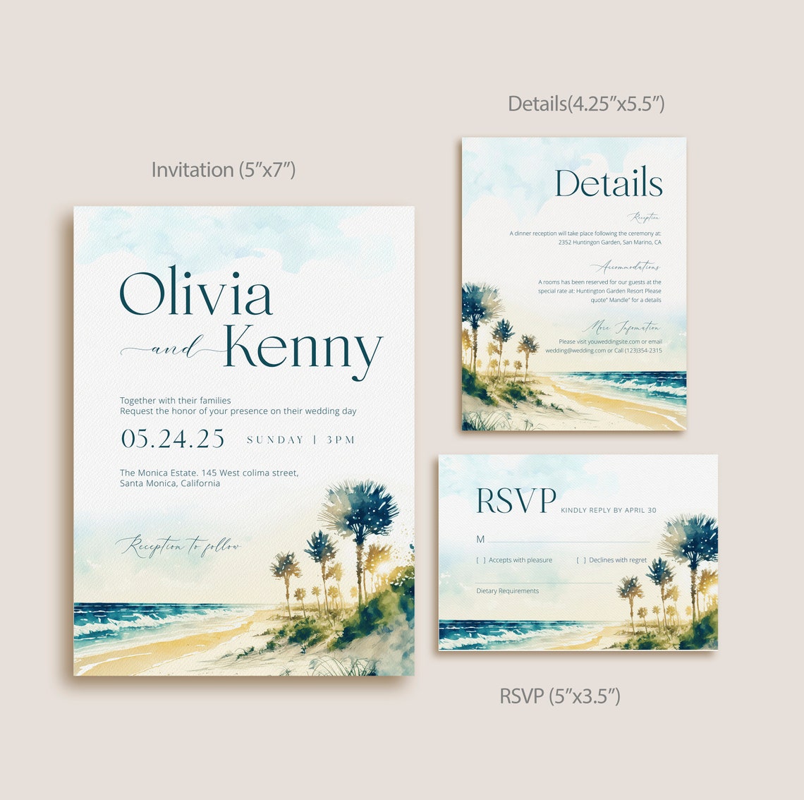 Ocean Beach Palm Tree Wedding Invitation Suite Template,coastal Ocean ...