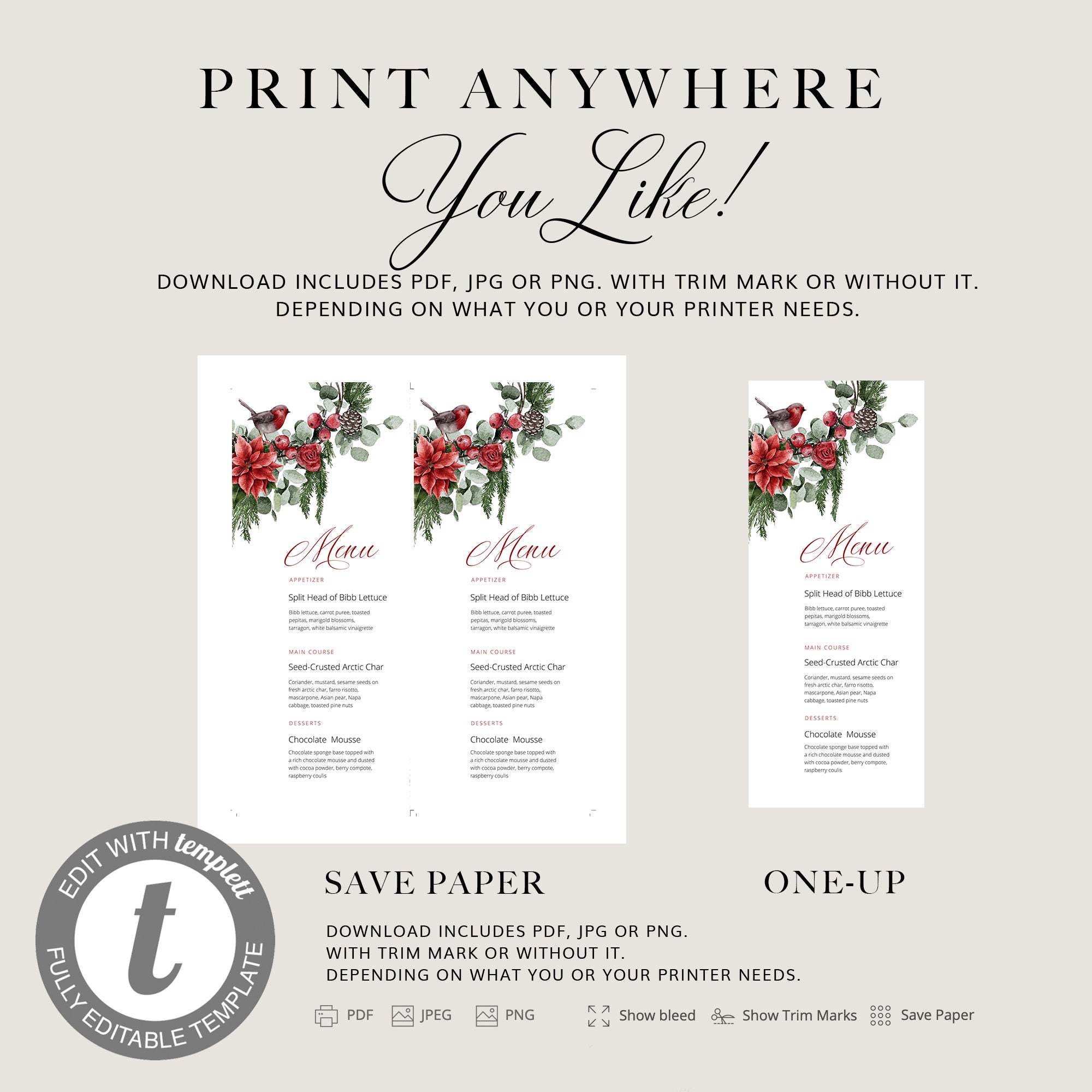Watercolor Christmas Menu Template: Winter Holiday Party (digital ...