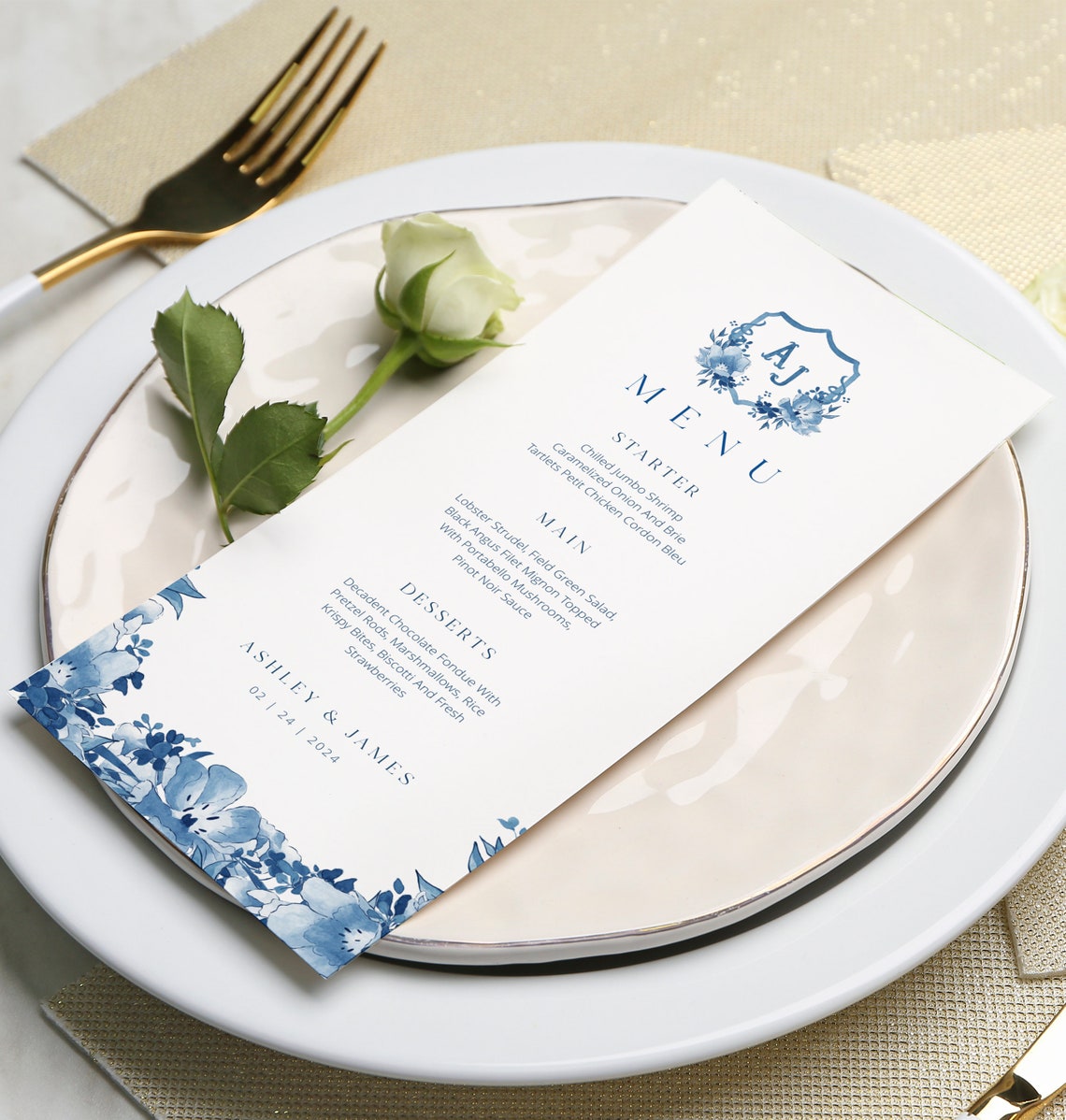 Dusty Blue Wedding Menu Template, Blue Monogram Floral Crest Menu ...