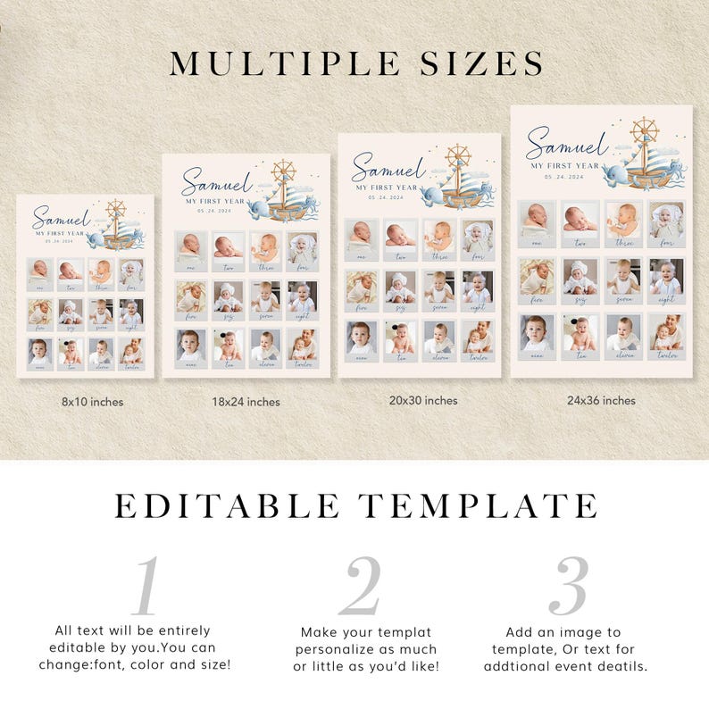 Nautical One Year of Baby Photo Template | Editable First Birthday ...