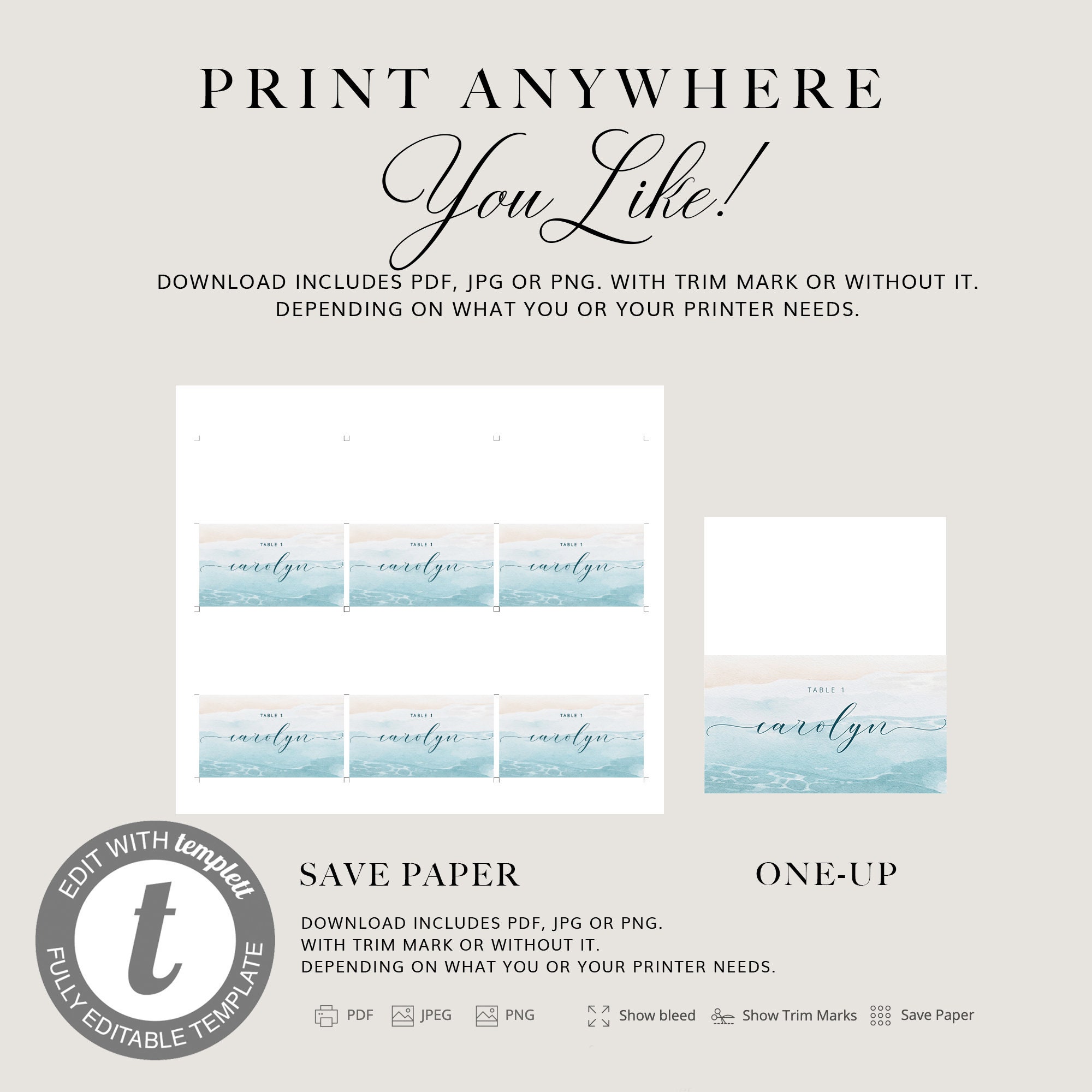 Ocean Beach Wedding Place Card Templatesummer Coastal Beach - Etsy