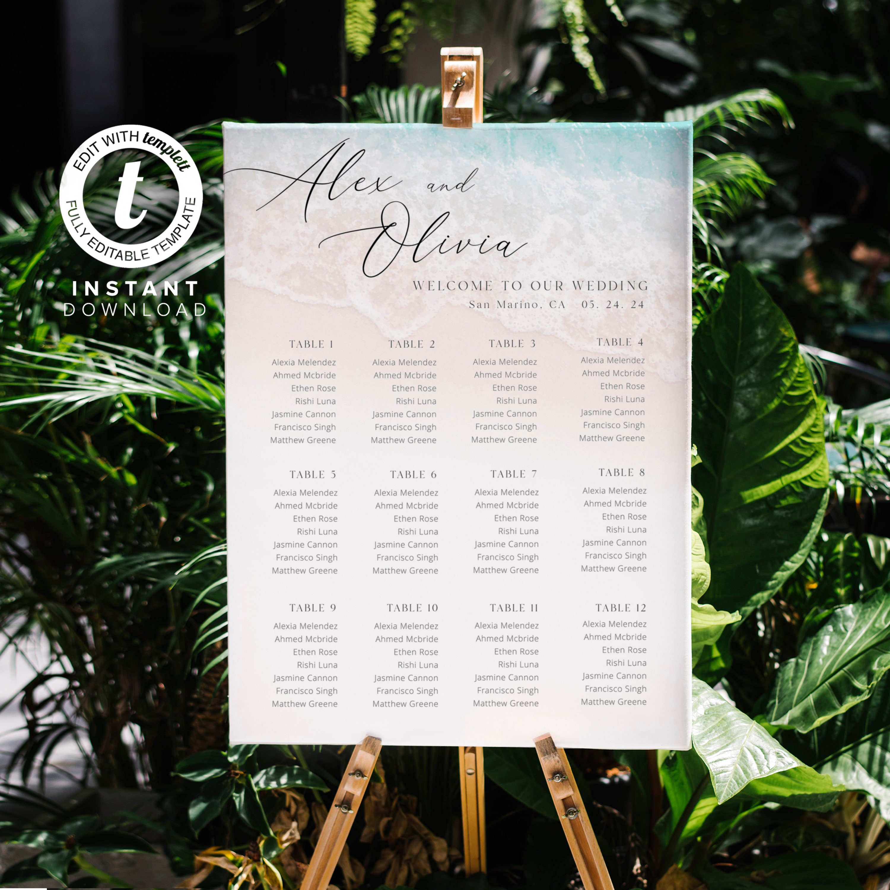 Summer Beach Wedding Seating Chart Template Ocean Beach - Etsy