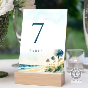Beach Ocean Themed Wedding Table Number Card Template, Editable Palm ...