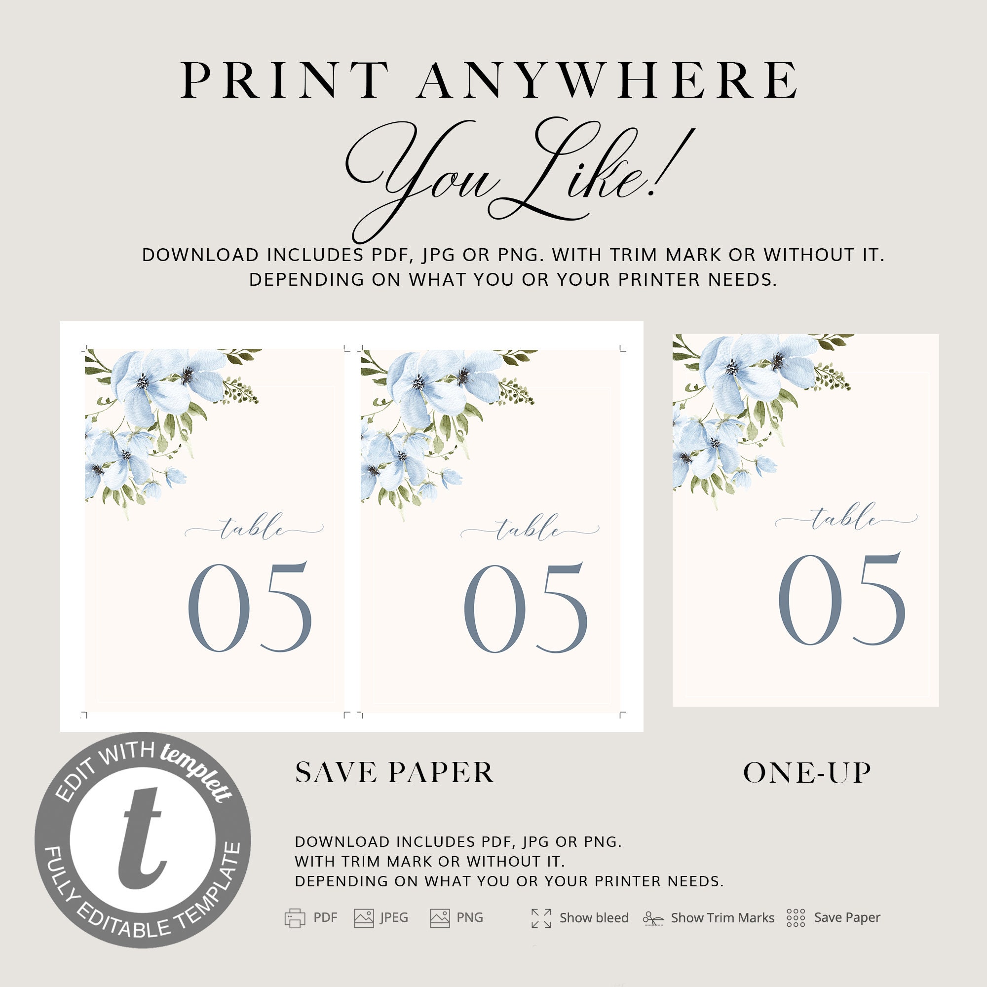 Dusty Blue Floral Table Numbers Templateeditable Winter - Etsy