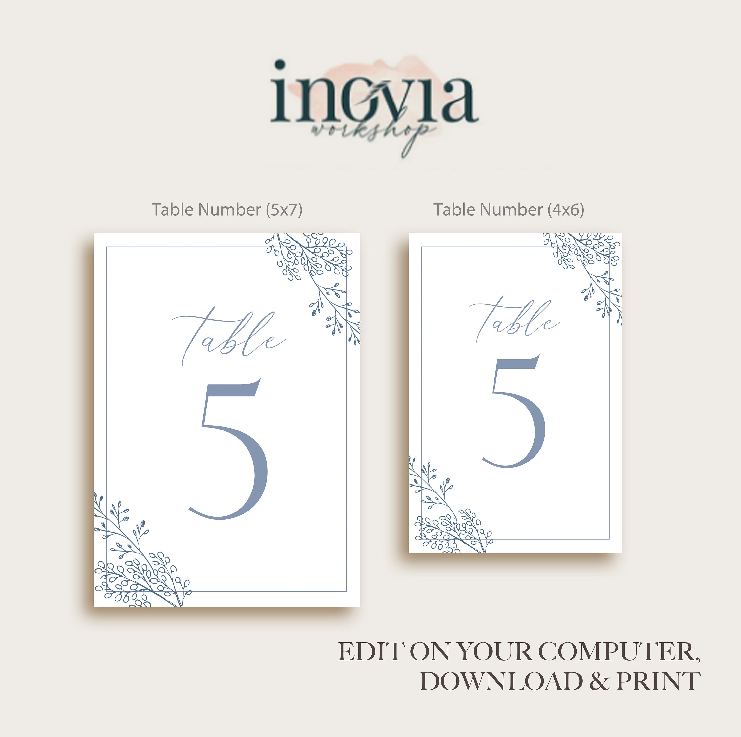 Dusty Blue Floral Wedding Table Number Card Template, Seating Card,blue ...