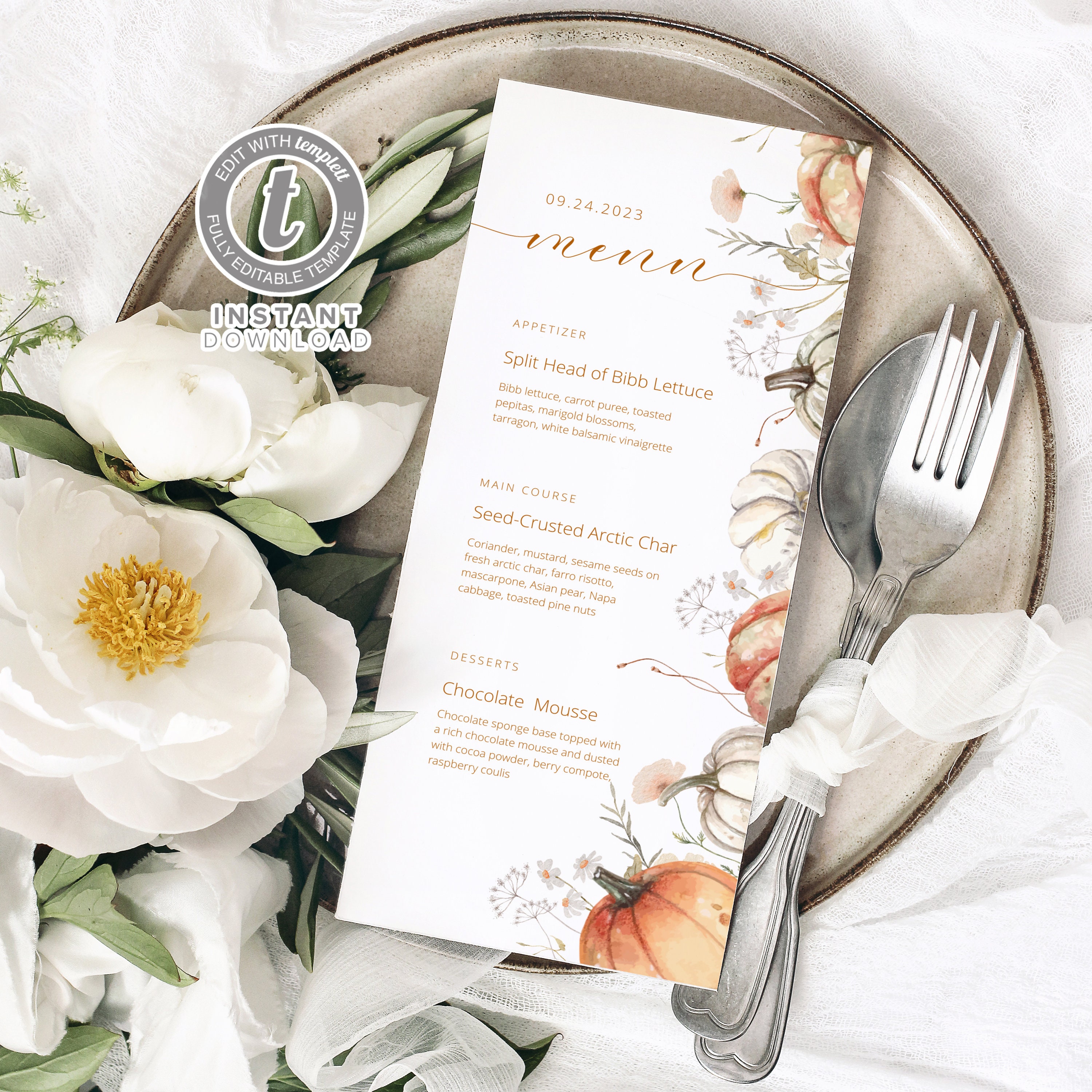 Fall Floral Pumpkin Menu Template , Party Brunch, Dinner, Autumn ...