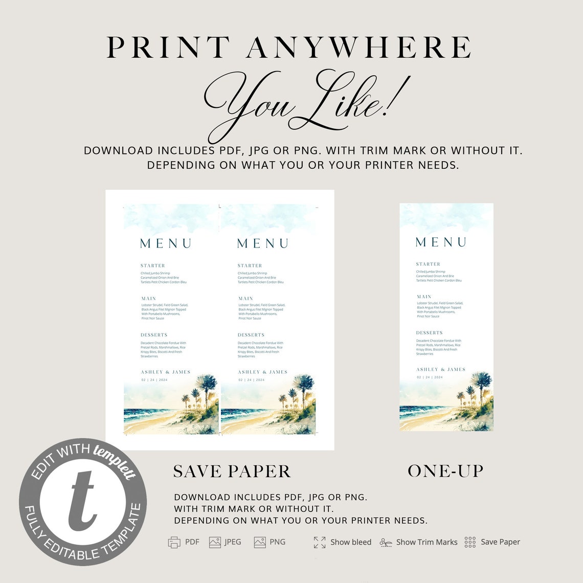 Palm Tree Ocean Beach Wedding Menu Template,beach Palm Tree Wedding ...