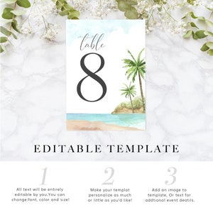 Beach Ocean Themed Wedding Table Number Card Template, Editable ...