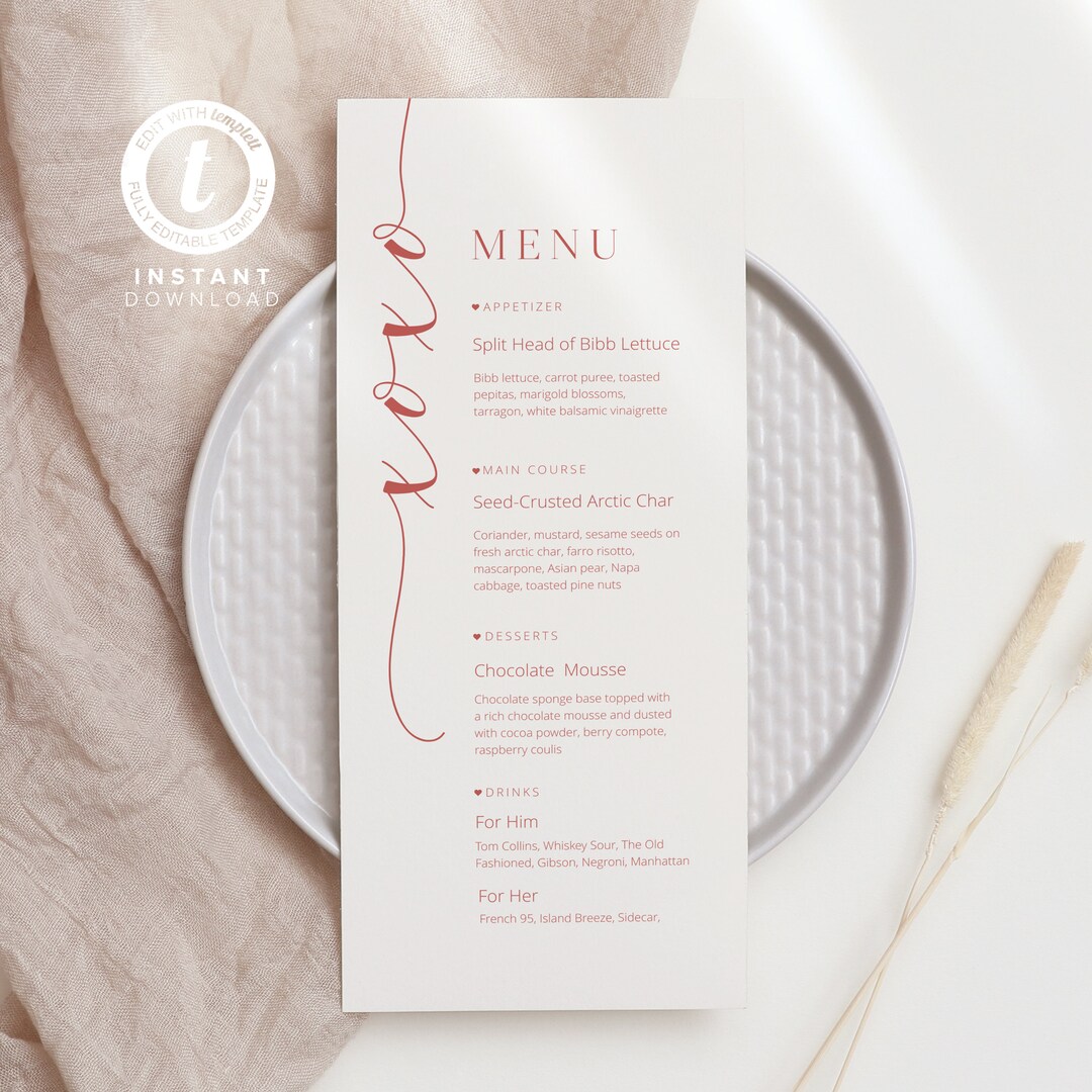 Valentine's Day Menu Template, Galantine's Day Menu, Minimalist ...