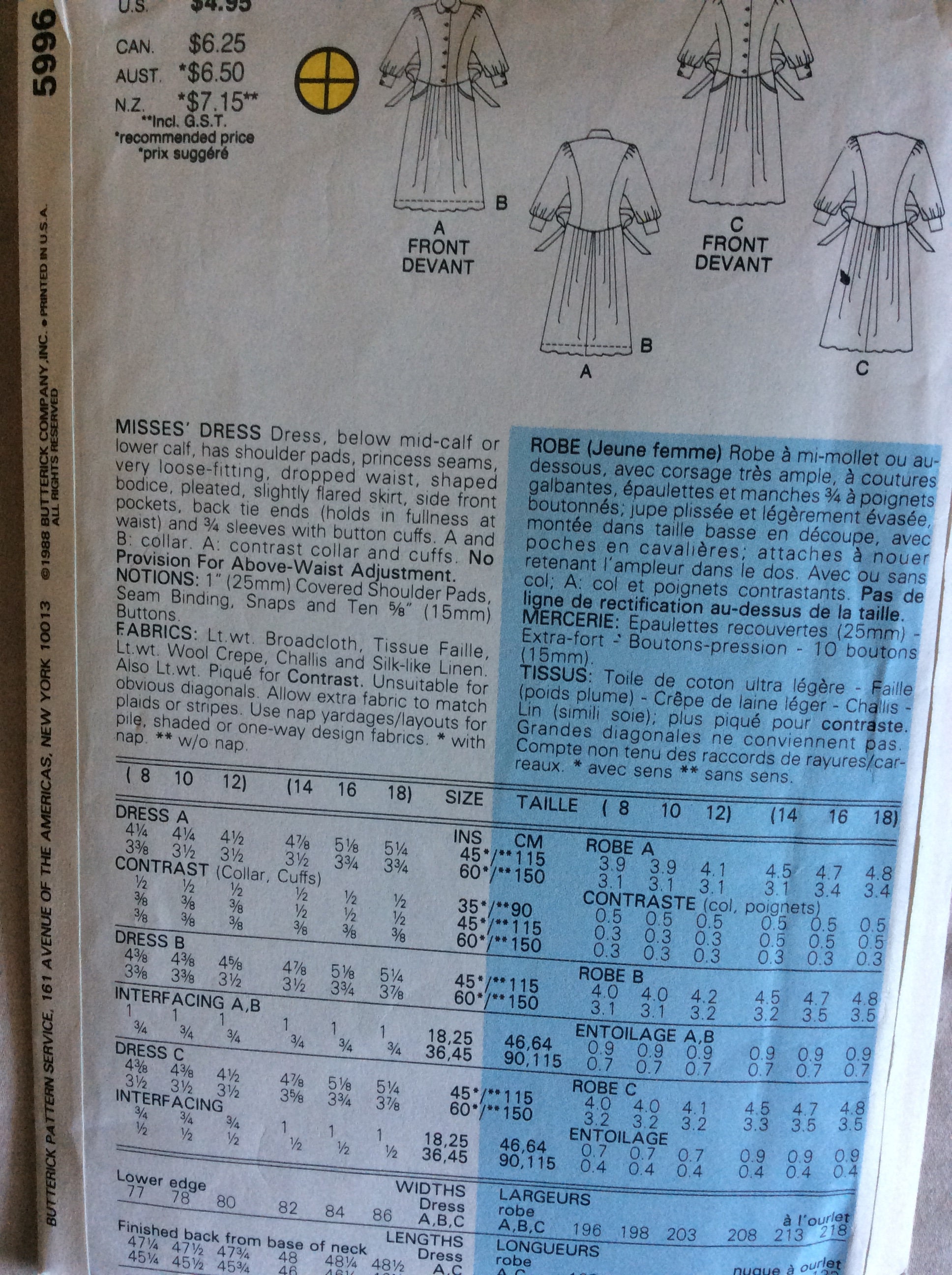 Butterick 5996 Vintage Dress Pattern - Etsy