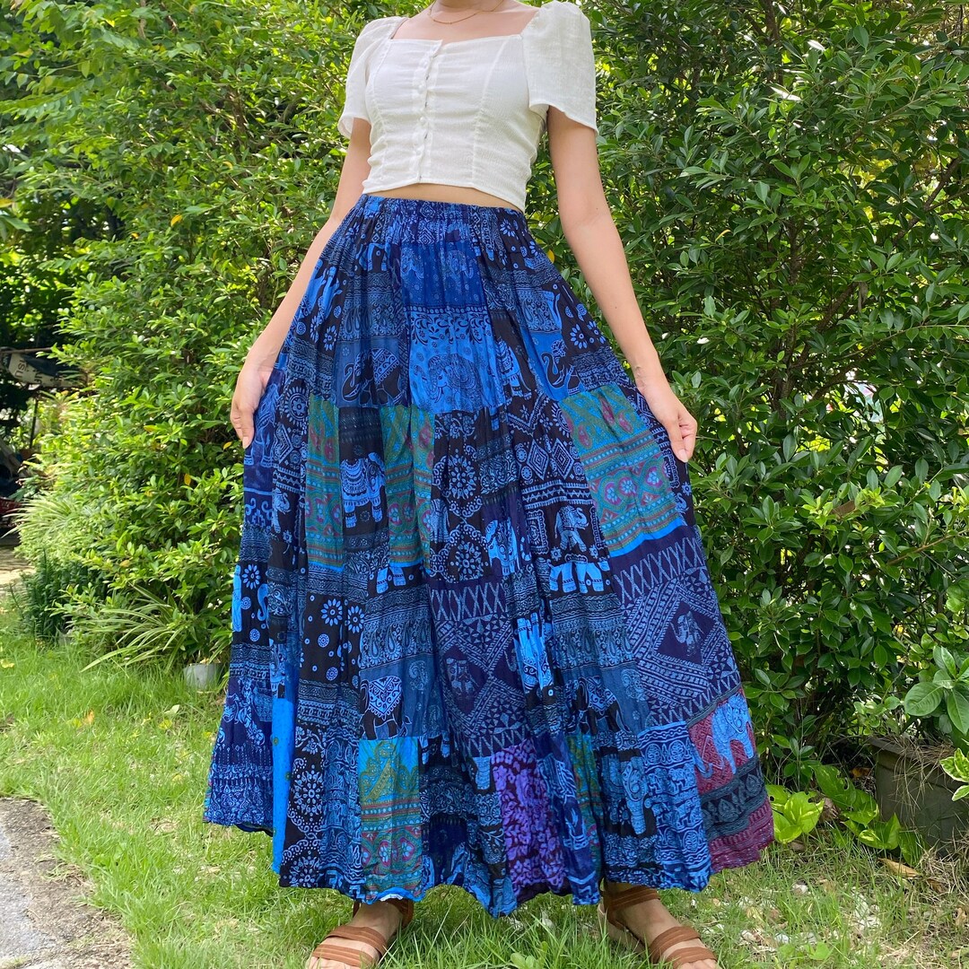 Bohemian Patchwork Skirt – Thai Boho Maxi Skirt – Festival Hippie Skirt – Rayon Elastic Waist ...