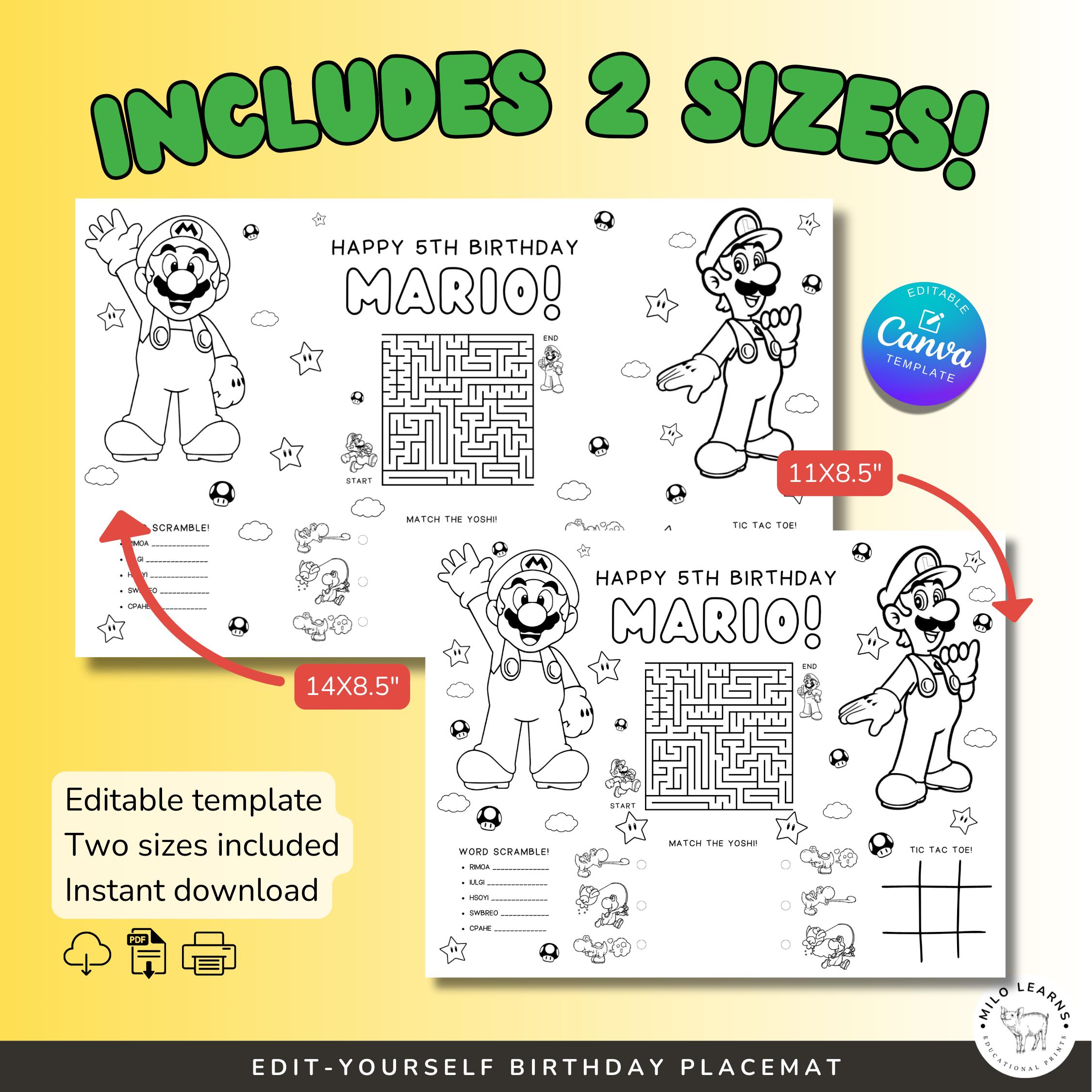 Editable Mario Birthday Coloring Placemat | Super Mario Activity Mat ...