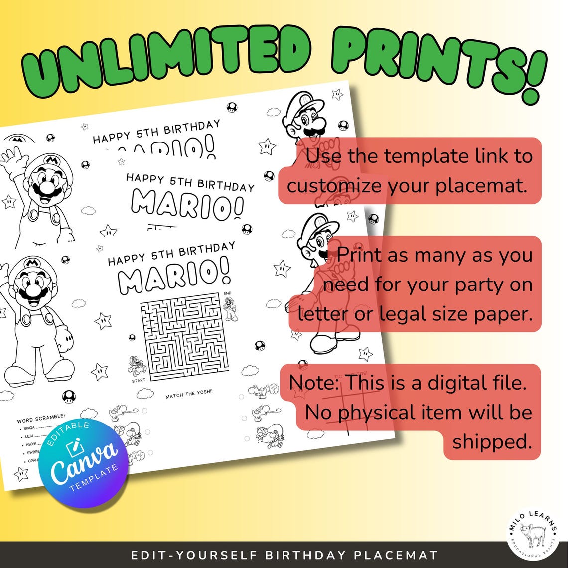 Editable Mario Birthday Coloring Placemat | Super Mario Activity Mat ...