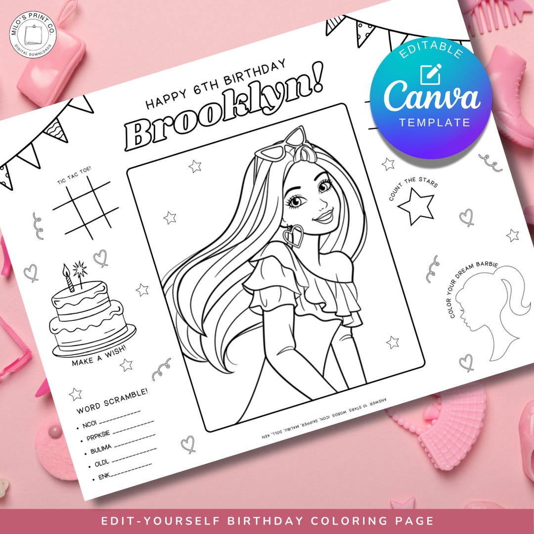 Barbie-inspired Birthday Coloring Page – Editable Party Placemat for ...