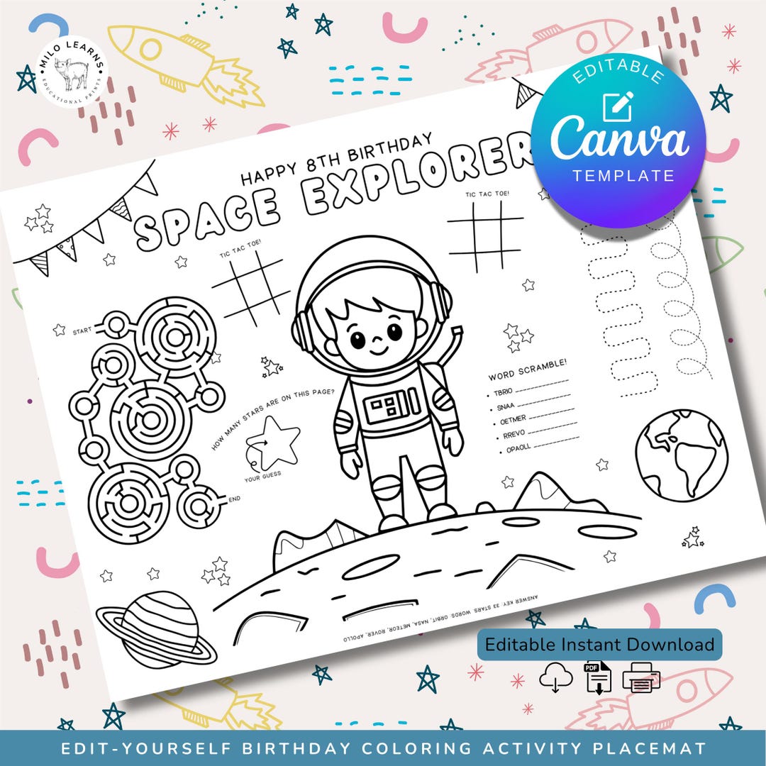 Custom Space Birthday Coloring Placemat | Outer Space Party Activity ...