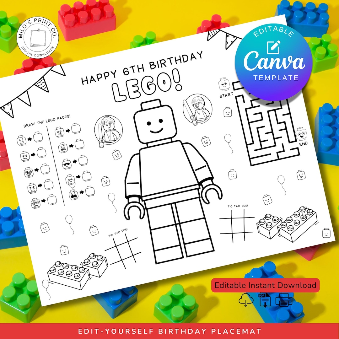 Lego Birthday Coloring Placemat – Editable Party Activity Sheet ...