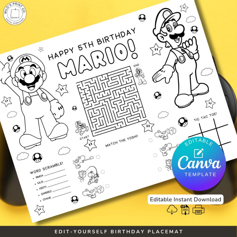 Editable Mario Birthday Coloring Page | Super Mario Activity Mat ...