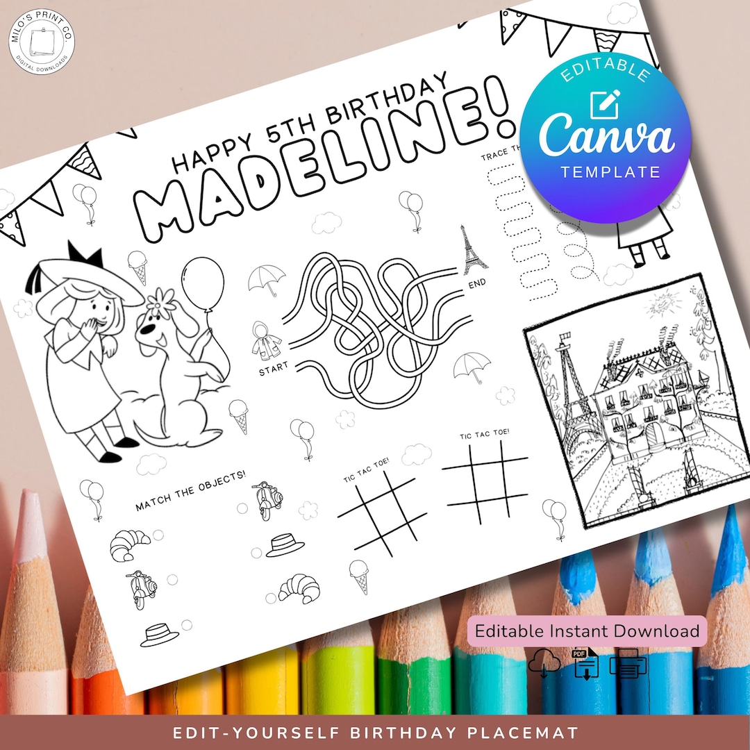 Editable Madeline Birthday Coloring Placemat | Printable Madeline Party ...