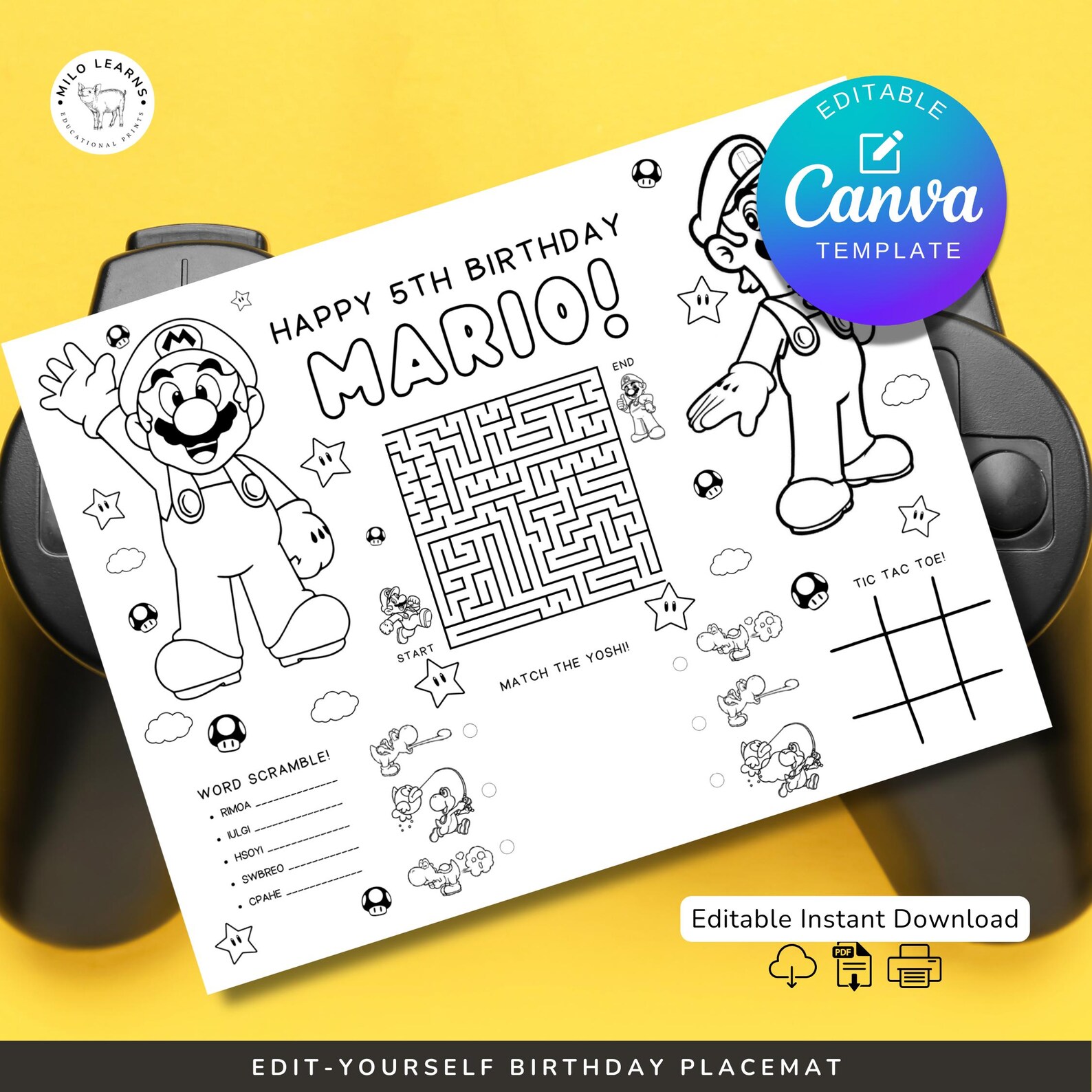 Editable Mario Birthday Coloring Placemat | Super Mario Activity Mat ...