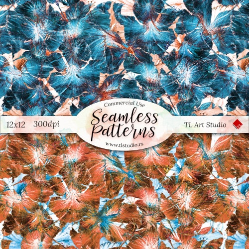 Blue and Orange Floral Digital Paper Flowers Seamless - Etsy