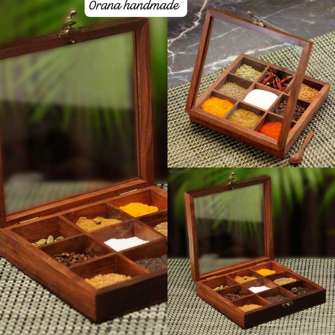 Indian Wooden Spice Box, Masala Box for Kitchenhome, Masala Organizer ...