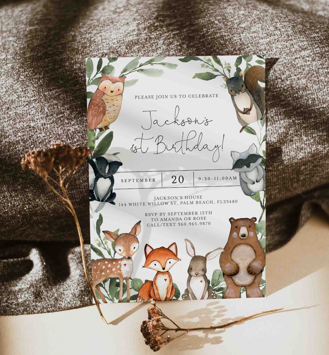 Woodland Birthday Invitation, Woodland Animals Birthday Invitation ...