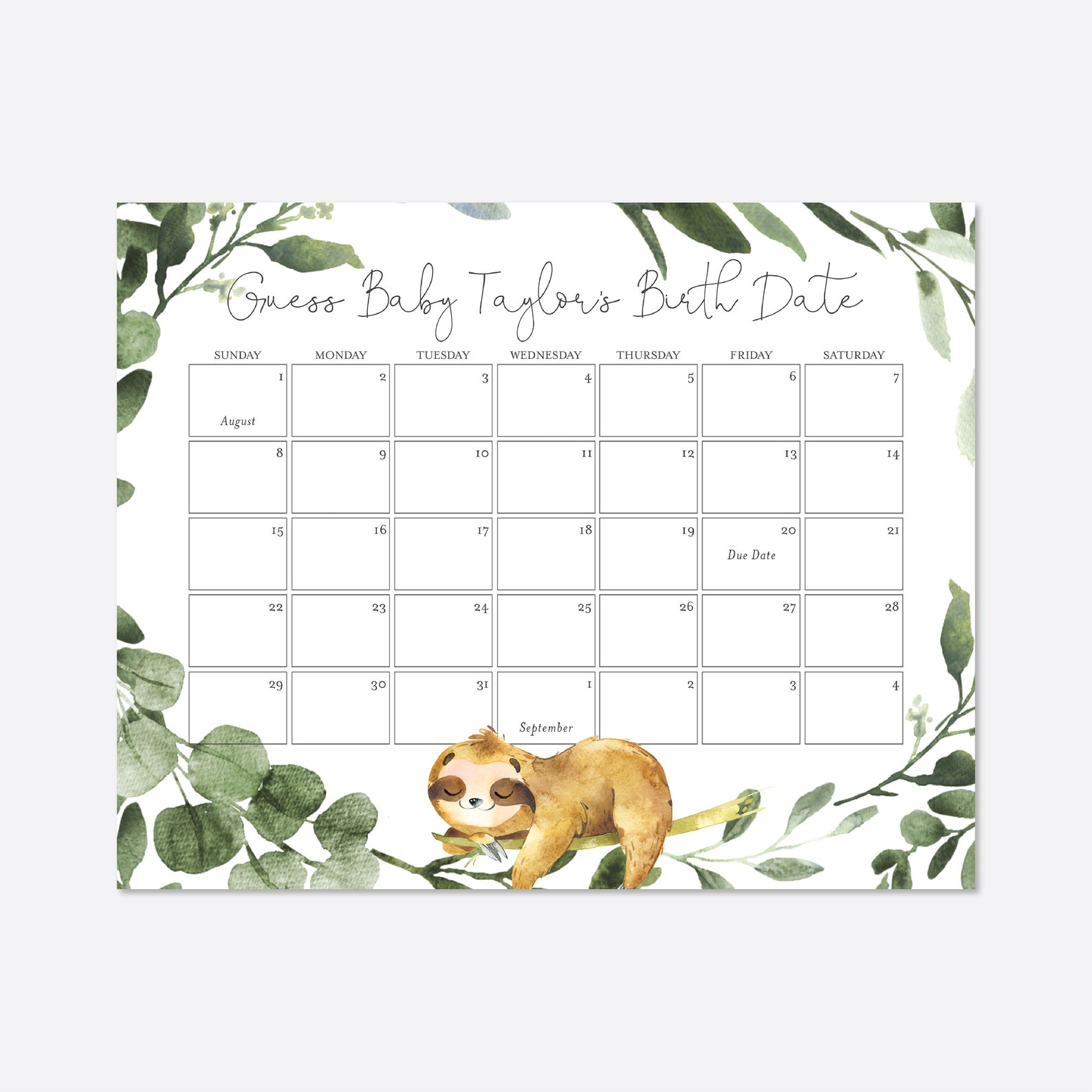 Sloth Baby Shower Due Date Calendar Game Sloth Due Date | Etsy