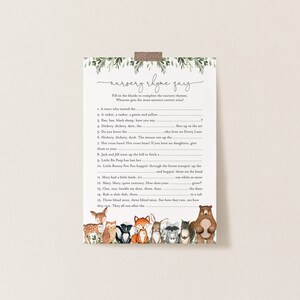 Woodland Baby Shower Nursery Rhyme Quiz Game, Woodland Nursery Rhyme ...