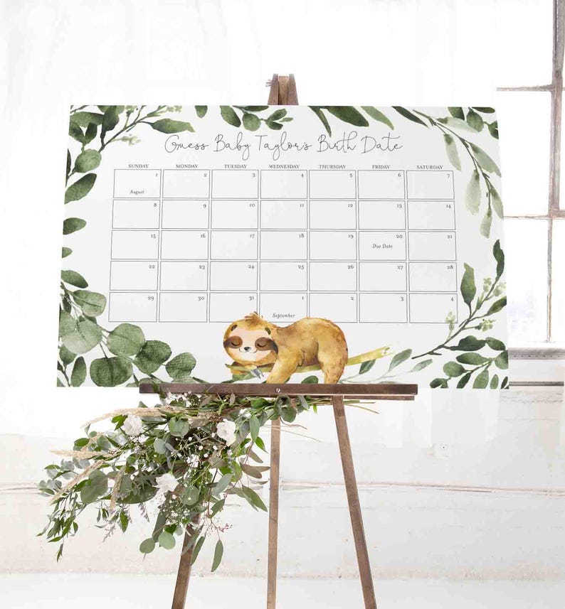 Sloth Baby Shower Due Date Calendar Game, Sloth Due Date Calendar Game ...