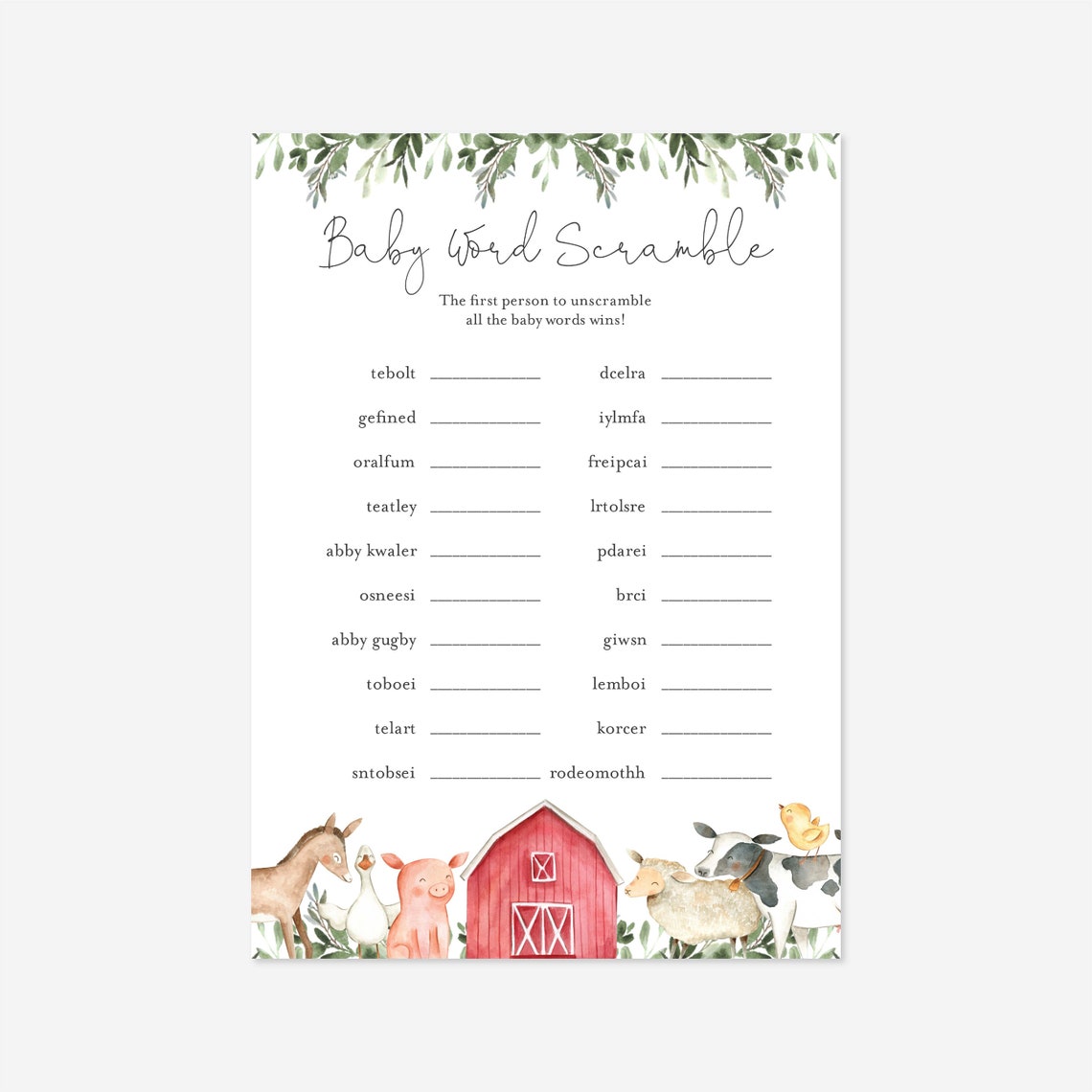 Farm Baby Shower Word Scramble Game Farm Word Scramble Game - Etsy