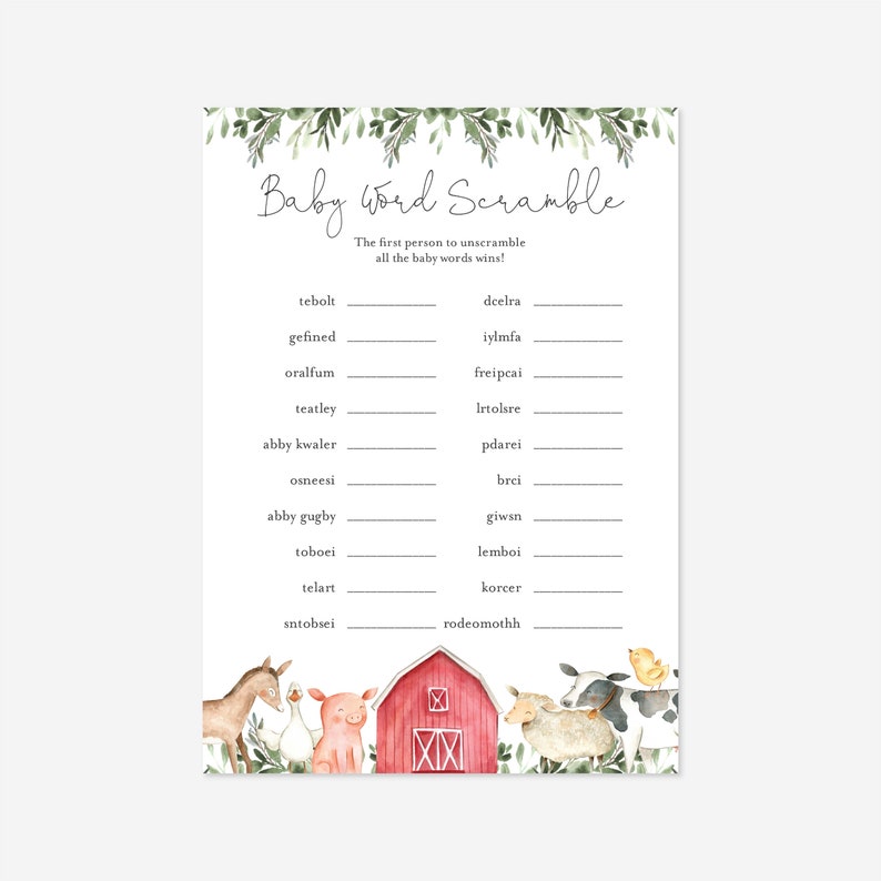 Farm Baby Shower Word Scramble Game Farm Word Scramble Game - Etsy