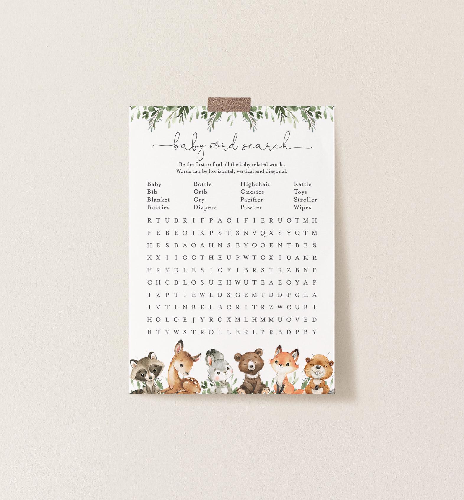 Woodland Baby Shower Word Search Game, Woodland Word Search Game ...