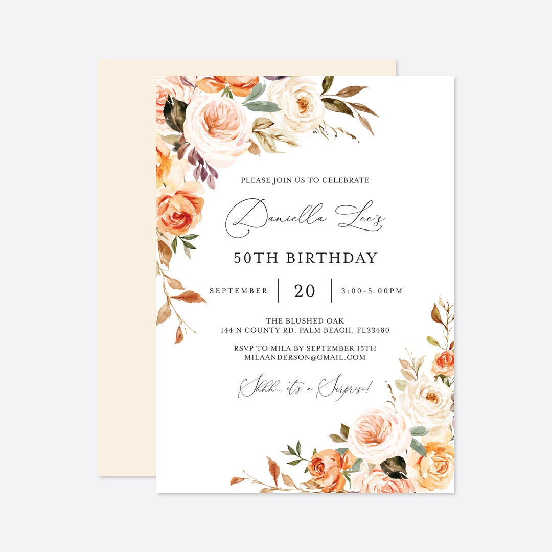 Fall Birthday Invitation, Autumn Birthday Invitation, Floral Birthday ...
