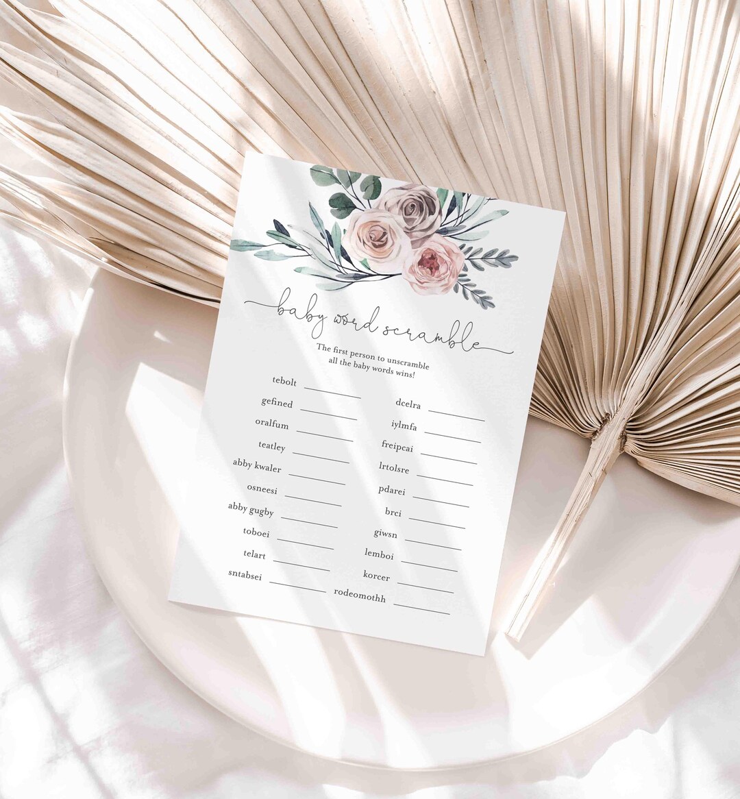 Boho Rose Baby Shower Word Scramble Game, Boho Rose Word Scramble Game ...