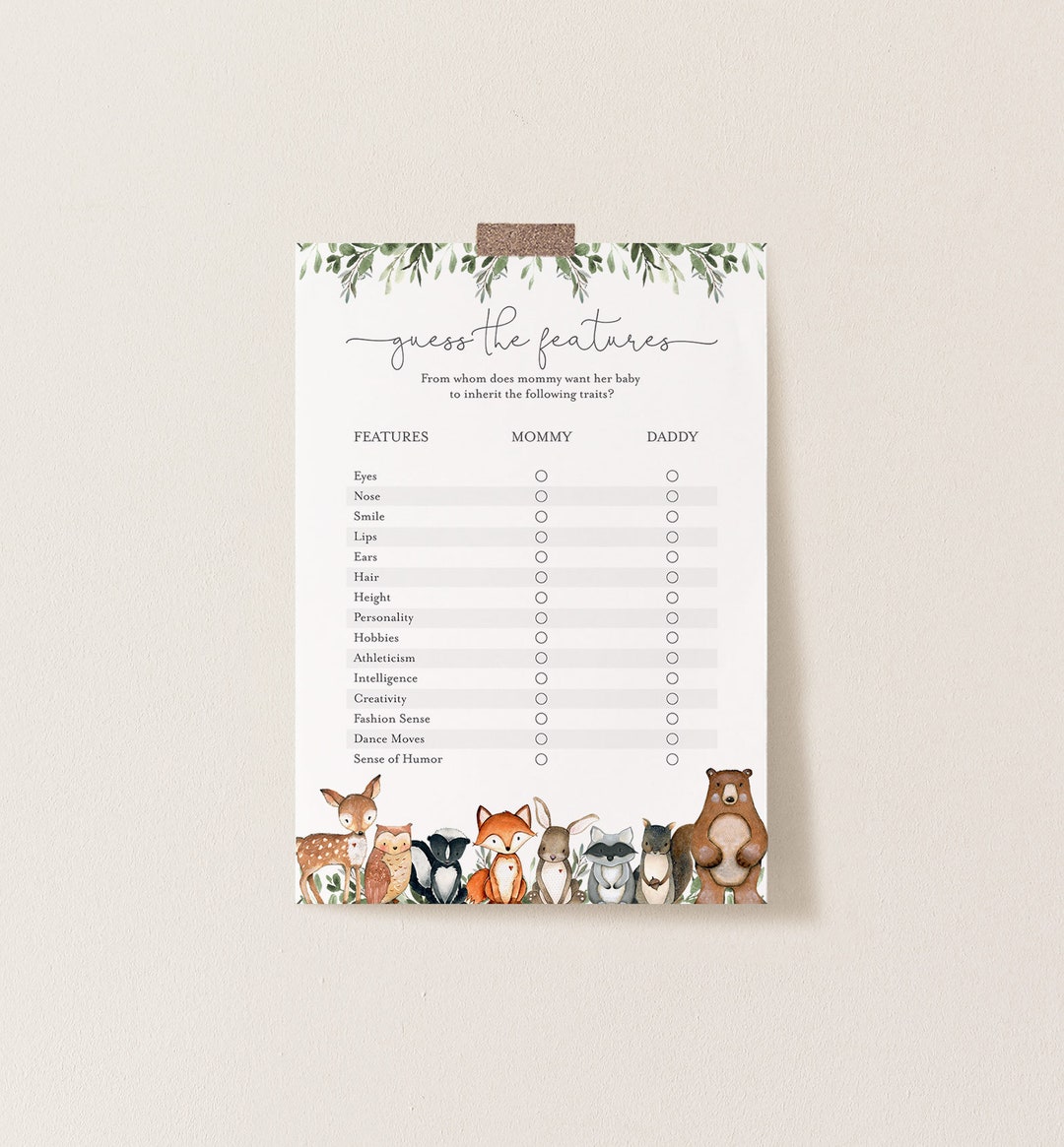 Woodland Baby Shower Guess the Features Game, Woodland Guess the ...