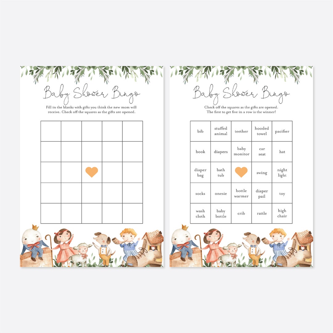 Nursery Rhyme Baby Shower Bingo Game, Nursery Rhyme Bingo Game, Nursery ...