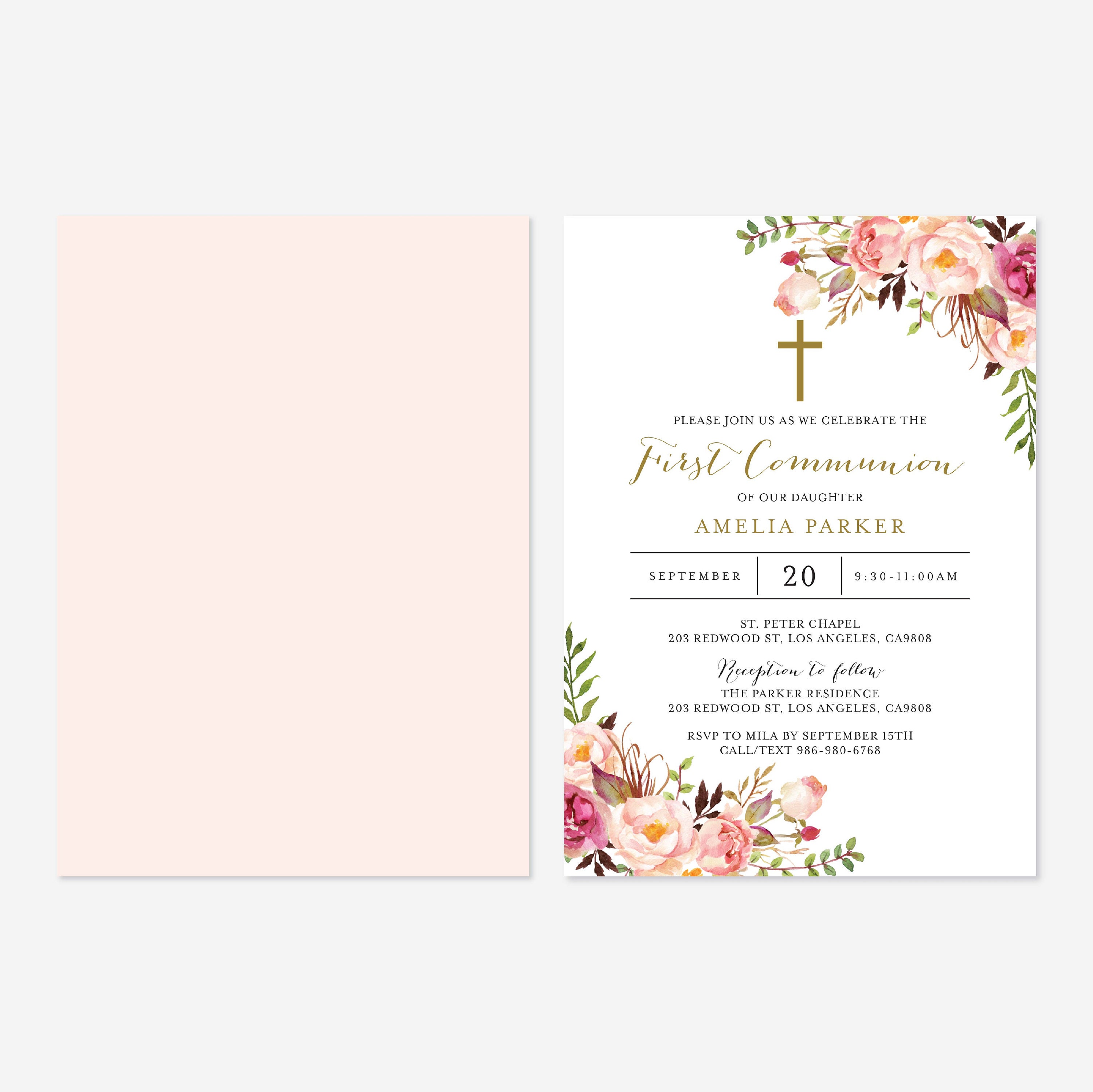 Pink Floral First Communion Invitation Girl First Communion - Etsy