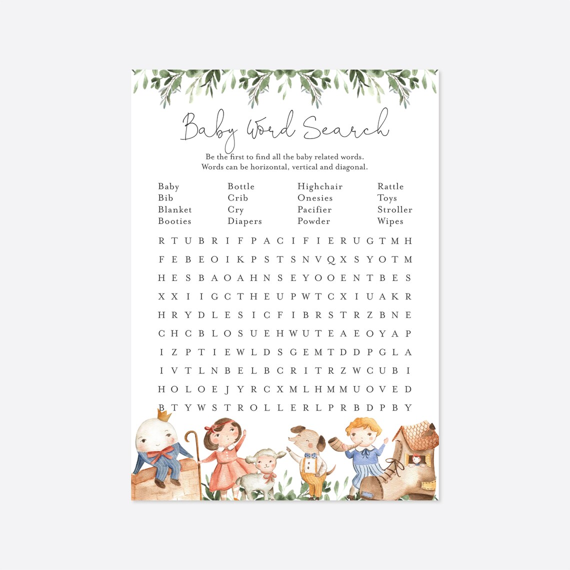 Nursery Rhyme Baby Shower Word Search Game Nursery Rhyme Word - Etsy
