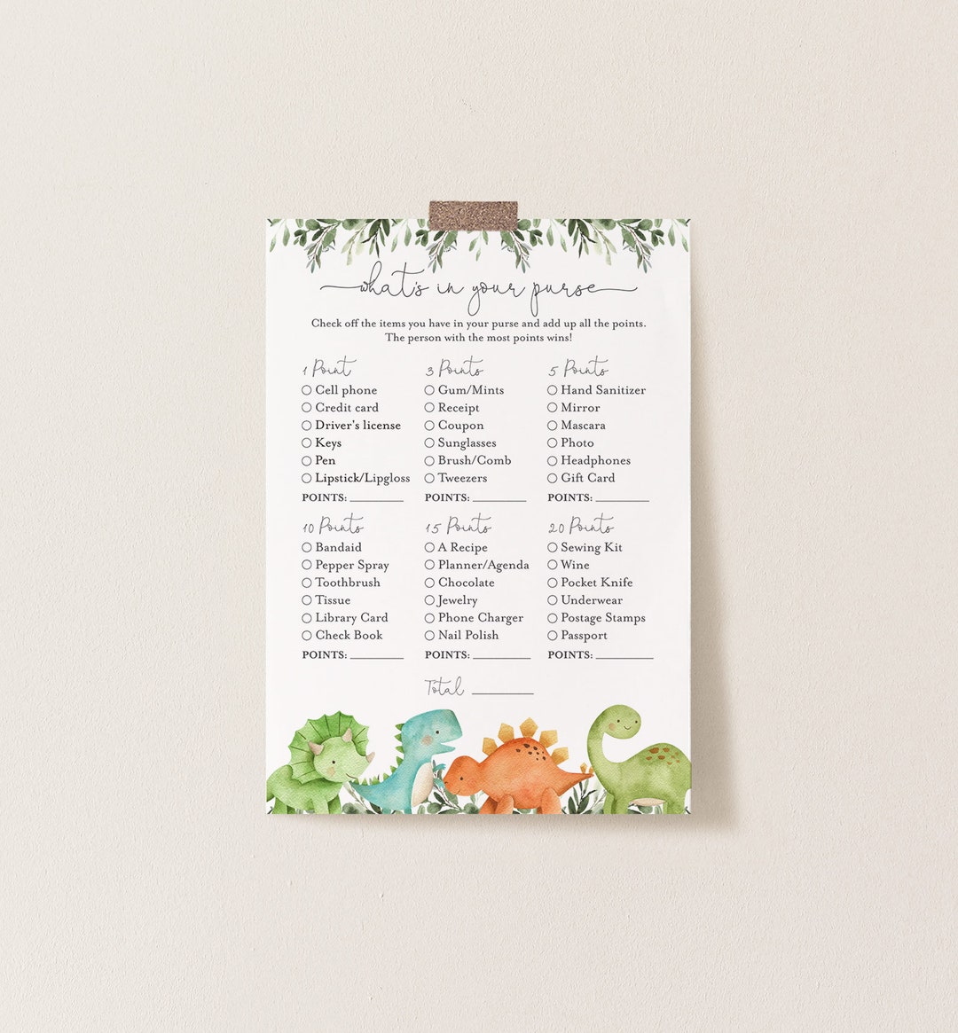 Dinosaur Baby Shower What's in Your Purse Game, Dinosaur What's in Your ...